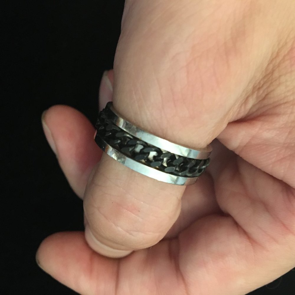 Men's Ring Spinning Revolving Black Chain Silver Band… - Gem